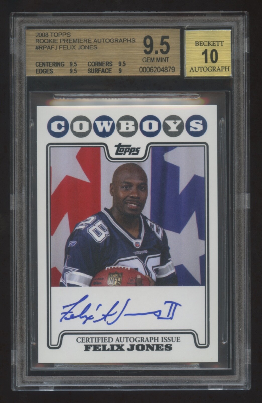 BGS 9.5 *10* FELIX JONES 2008 TOPPS RC AUTOGRAPH PHOTO SHOOT SP COWBOYS ...