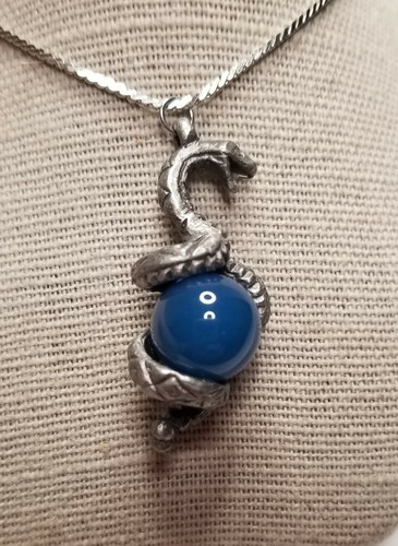 Serpent Snake Wrapped Around Blue Orb Ball Silvertone Necklace | eBay