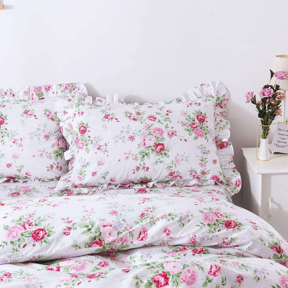 Shabby Pink Rose Pillowcases with Lace Ruffles - Vintage Floral Bedding ...