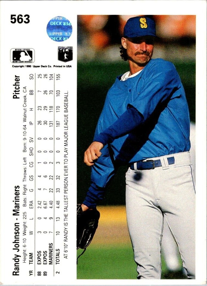Randy Johnson Baseball Card Upper Deck 1990 Mariners Pitcher Card ...
