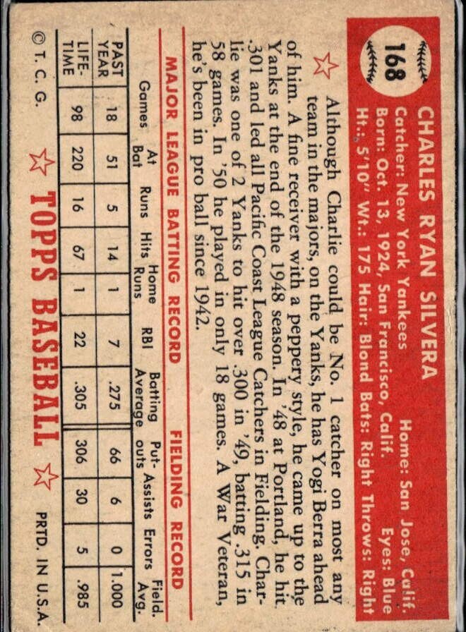 1952 Topps Baseball Charlie Silvera #168 VG-EX (GT) | eBay