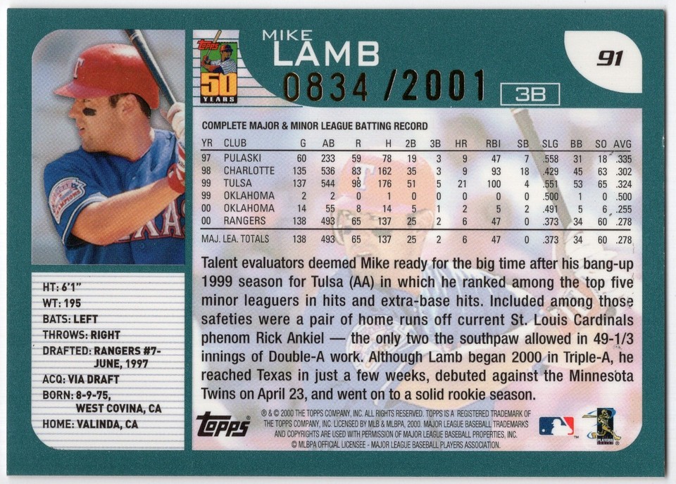 2PUR063 2001 Topps Gold #91 Mike Lamb 0834/2001 Texas Rangers | eBay