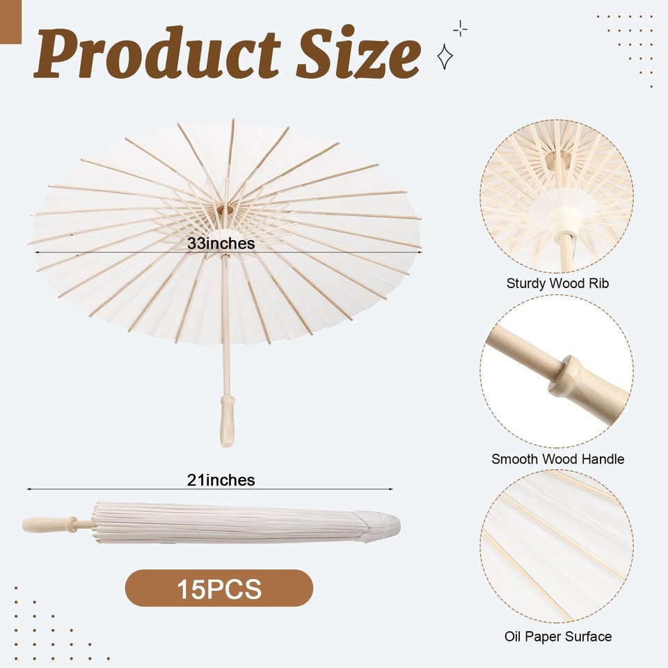 15 Pack 33 Inches White Paper Umbrellas, Wedding Umbrella Bulk for Sun ...