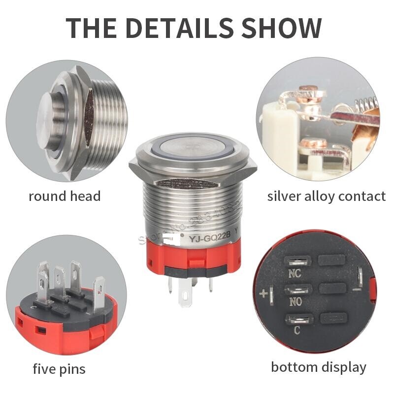 22mm Metal Push Button Ring LED Light 8 Pins 2NO 2NC Waterproof Tact ...