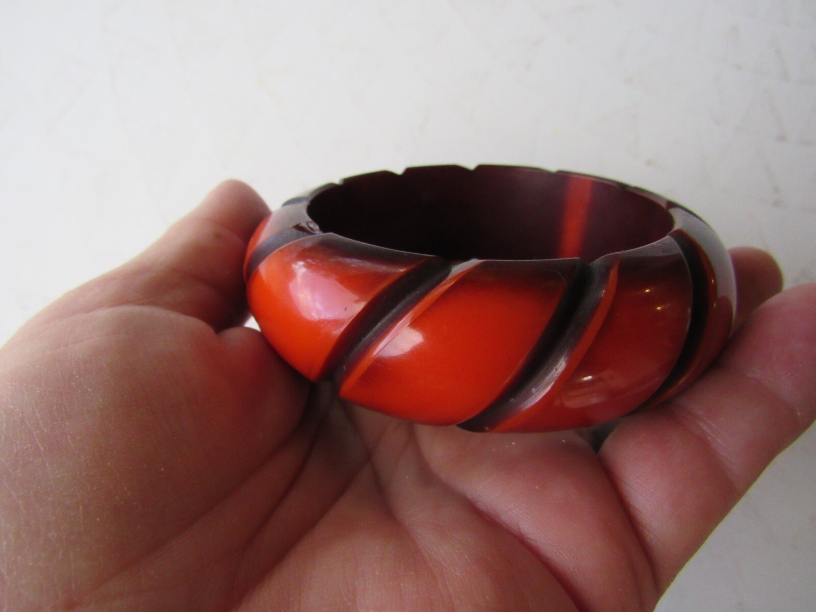 Overdyed Red and Black Carved Bakelite Bangle Chunky - Gem