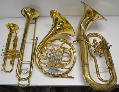 LOT OF 4 HORNS: YORK BARITONE, CONN TROMBONE, GETZEN FRENCH HORN, KING ...