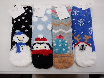 WOMENS 9-11 CHRISTMAS COZY SOCKS SNOWMAN PENGUIN BEAR ORNAMENT 4 PAIR ...