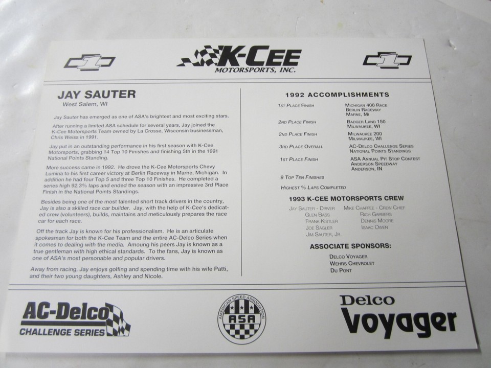 ASA 1993 Autographed Jay Sauter #1 K-Cee Motorsports Chevy Lumina ...