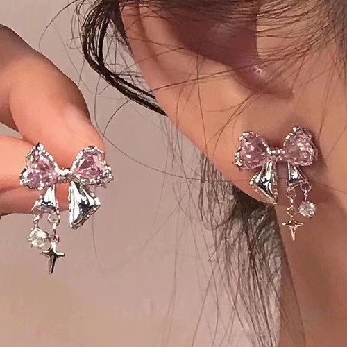1Pair Korean Style Bowknot Pink Zircon Stud Earrings Sweet Fashion Ear ...