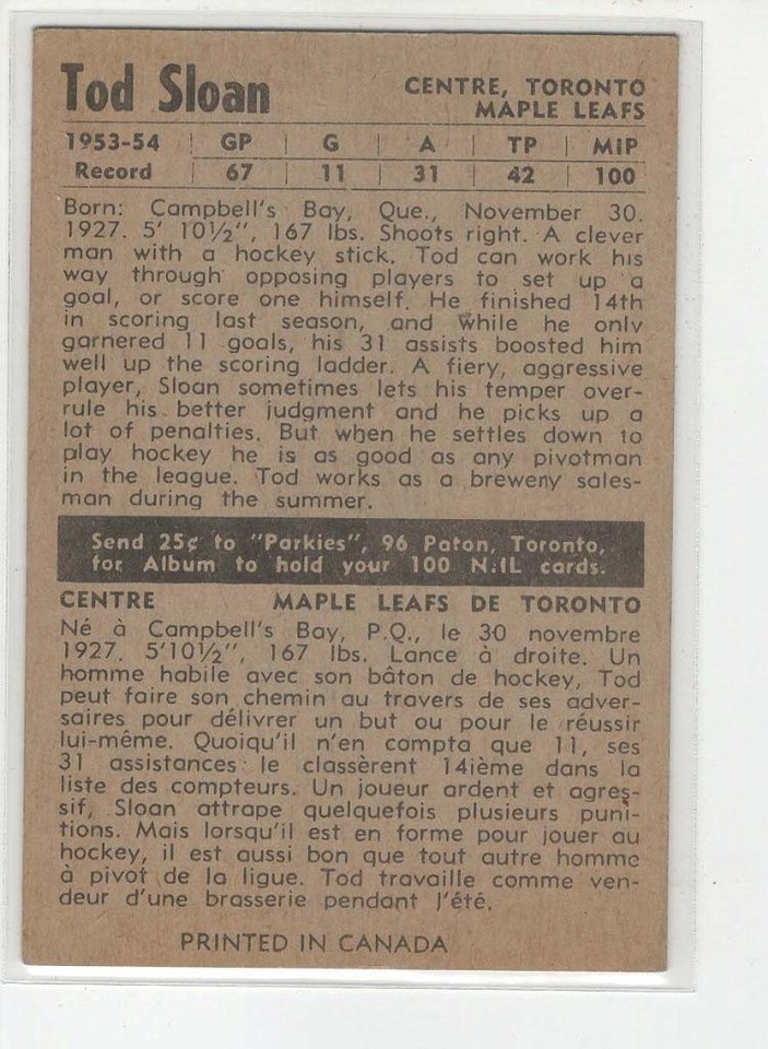 1954-55 PARKHURST HOCKEY #30 TOD SLOAN "EXMT" TORONTO | eBay