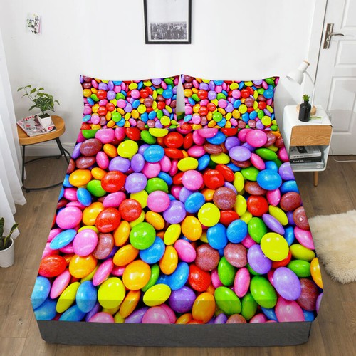Rainbow Chocolate Beans Bed Decor Fitted Sheet Set Single/Double/Queen ...