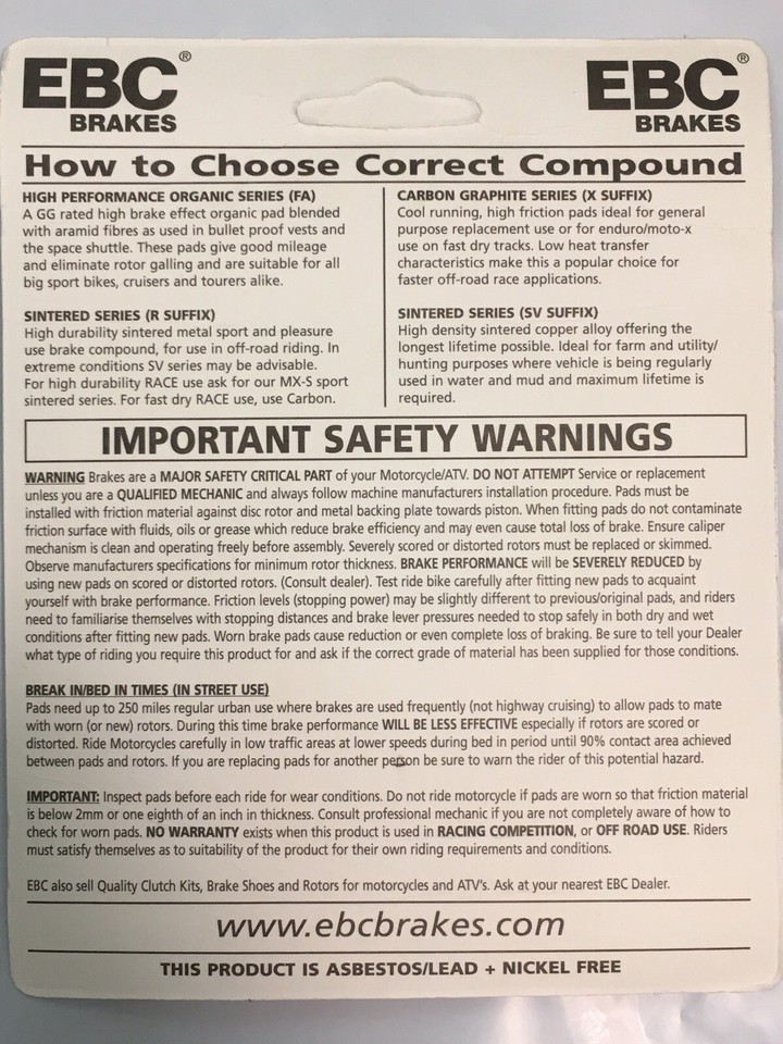 2 - EBC FA88 High Performance BRAKE PADS YAMAHA Virago VMax VStar ...