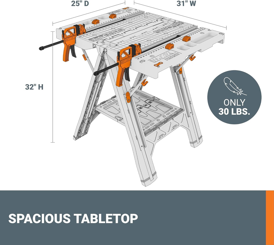 Worx Pegasus Folding Work Table & Sawhorse – Portable Bench w/ Clamps ...