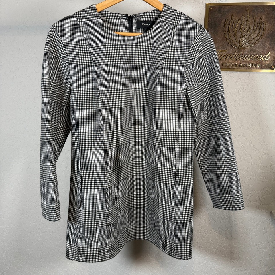 Women's Theory Black and White Zip Back Long Sleeve Shift Dress Size 6 ...