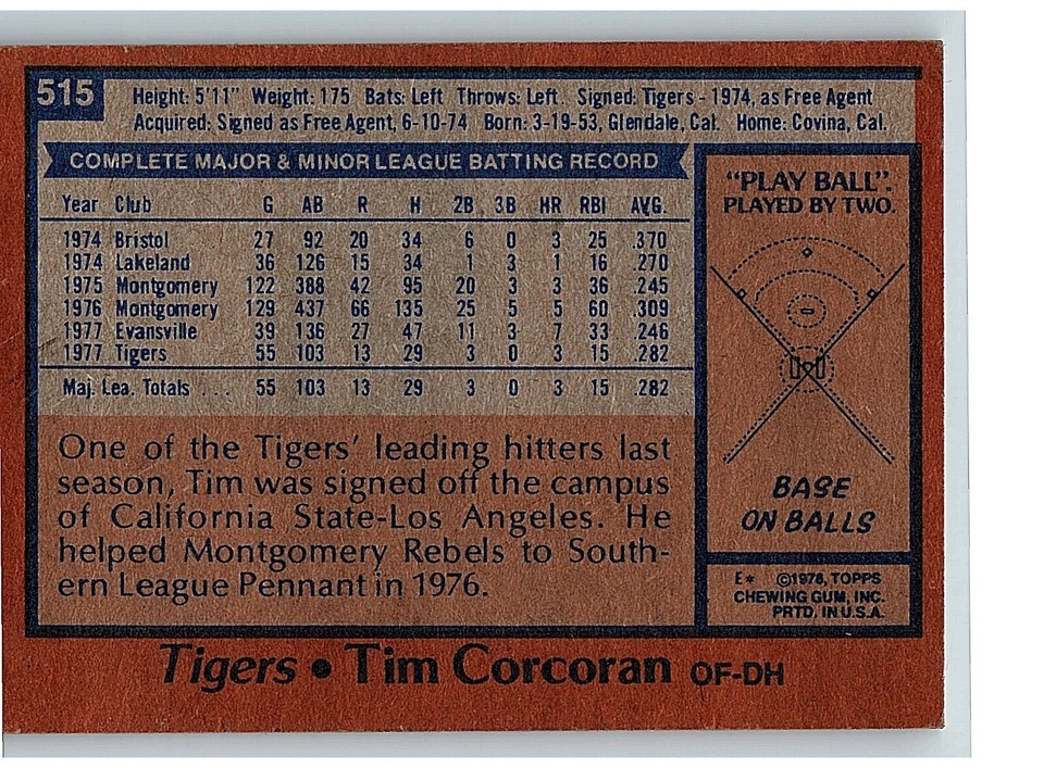 1978 Topps Baseball Card Single - #515 Tim Corcoran (RC) | eBay