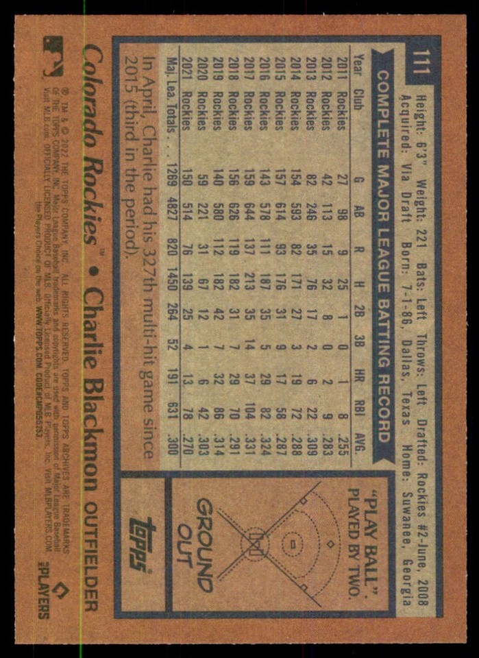 2022 TOPPS ARCHIVES #111 CHARLIE BLACKMON COLORADO ROCKIES | eBay