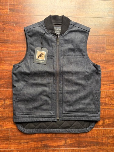 Filson Denim Insulated Work Vest Raw Indigo Blue Primaloft Wool Collar ...