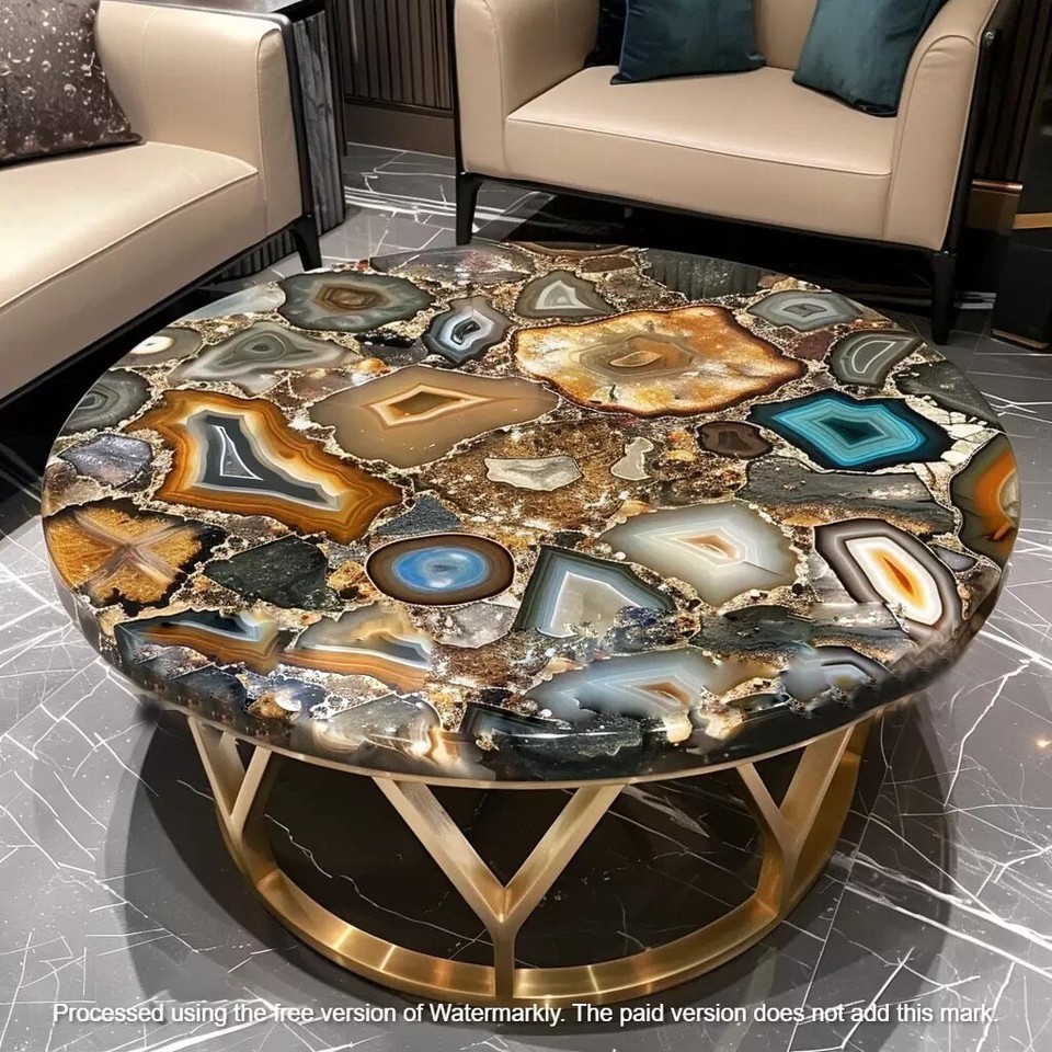 Round Marble Coffee Table Top Multicolor Agate Epoxy Art Bed Side Table ...