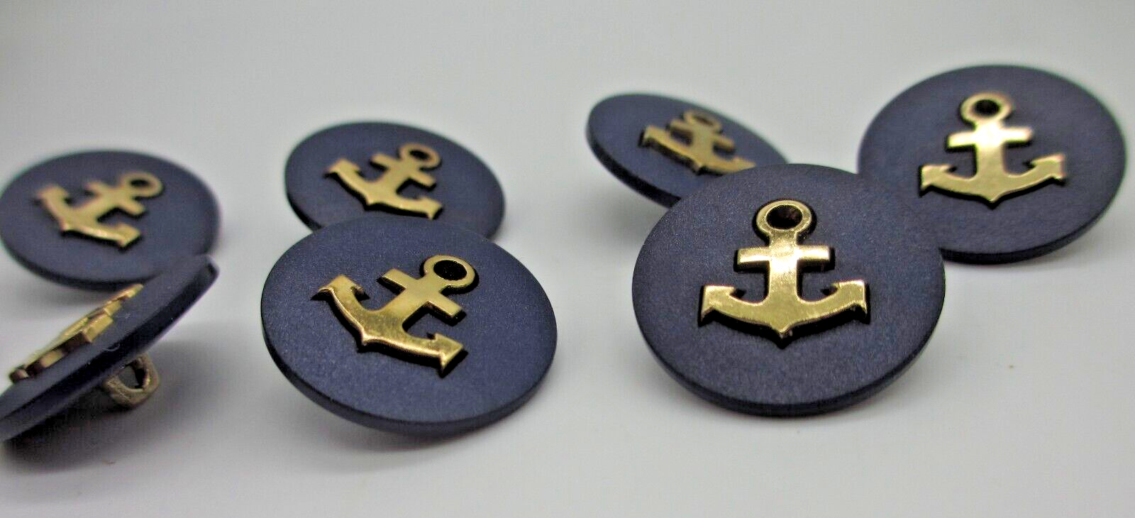 Eight (8) Round NAVY BLUE Plastic Gold Anchors Shank Back Buttons 3/4 ...
