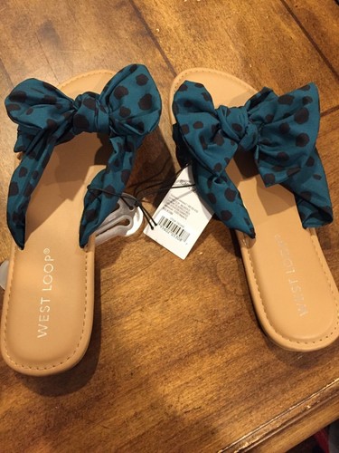 West Loop sandals Size 5/6 slip on sandals bow polka dots, Blue/black ...