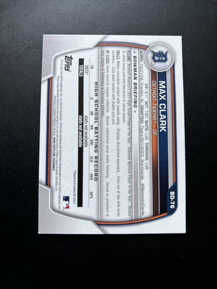 Max Clark 2023 1st Bowman Chrome Clark Autographed Signed Card Detroit ...