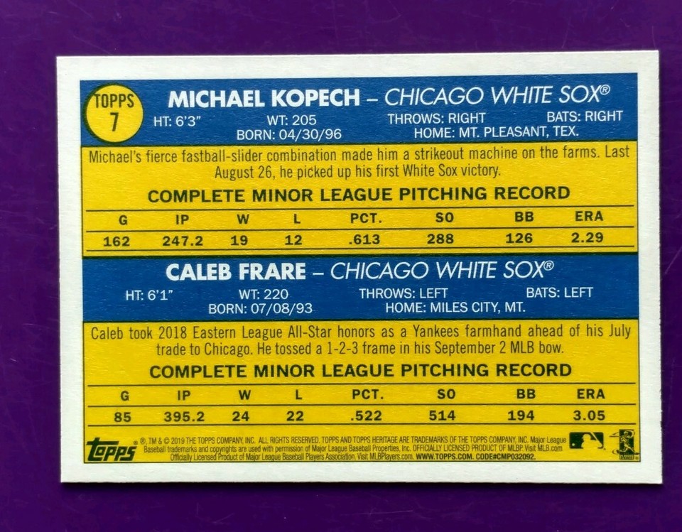 2019 Topps Heritage #7 Michael Kopech/Caleb Frare Chicago White Sox ...
