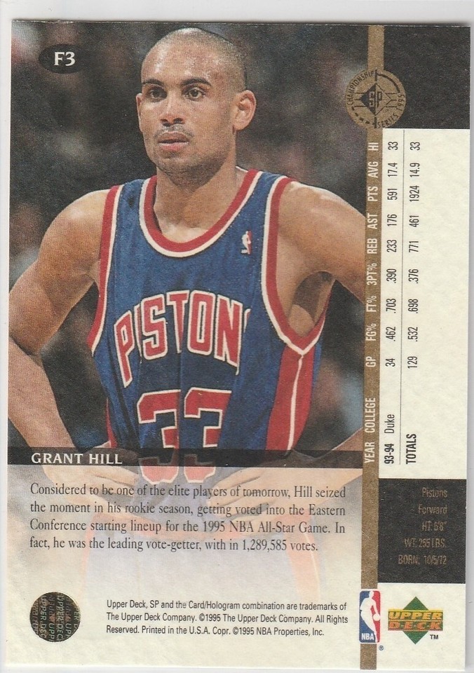 GRANT HILL ROOKIE CARD 1994/95 Upper Deck SP Future Playoff Heroes ...
