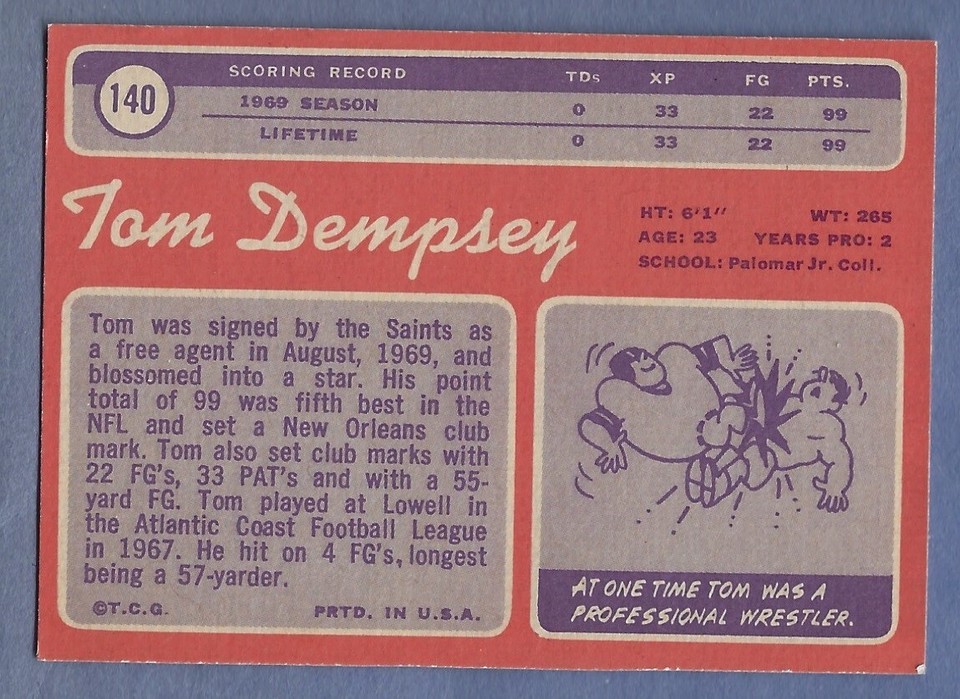 1970 Topps Football #140 Tom Dempsey Rookie Card Saints Ex | eBay