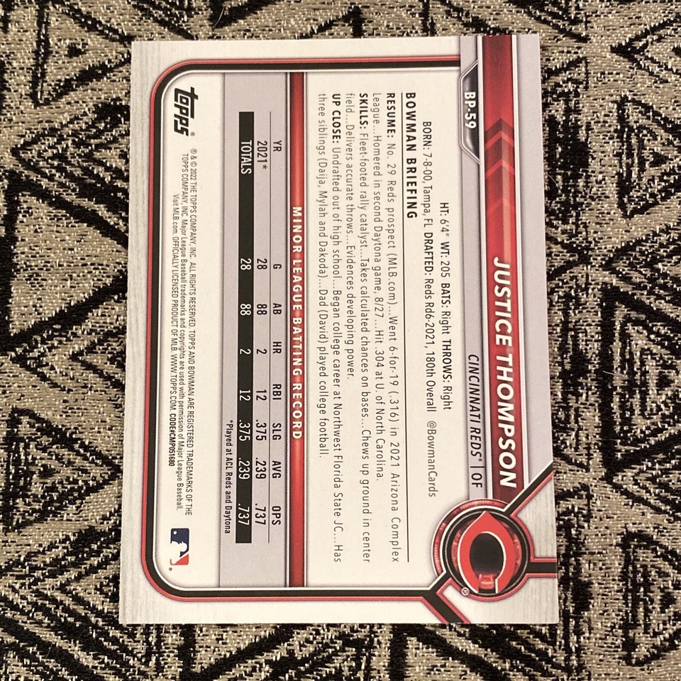 Justice Thompson 2022 Bowman 1st Paper Prospects #BP-59 Cincinnati Reds ...
