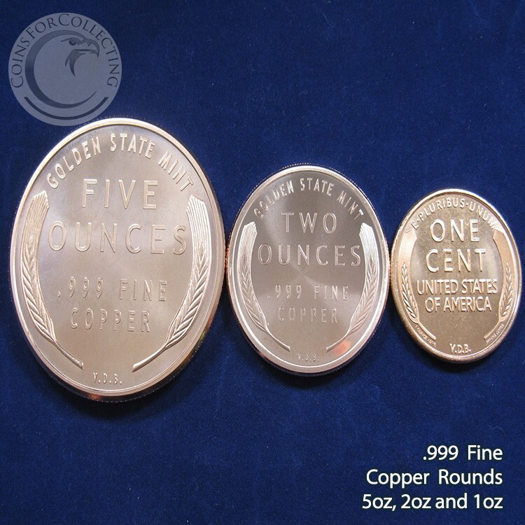 "1909-S VDB Penny" 3 Round Set" .999 Copper Rounds 5oz, 2oz and 1oz - 3 ...