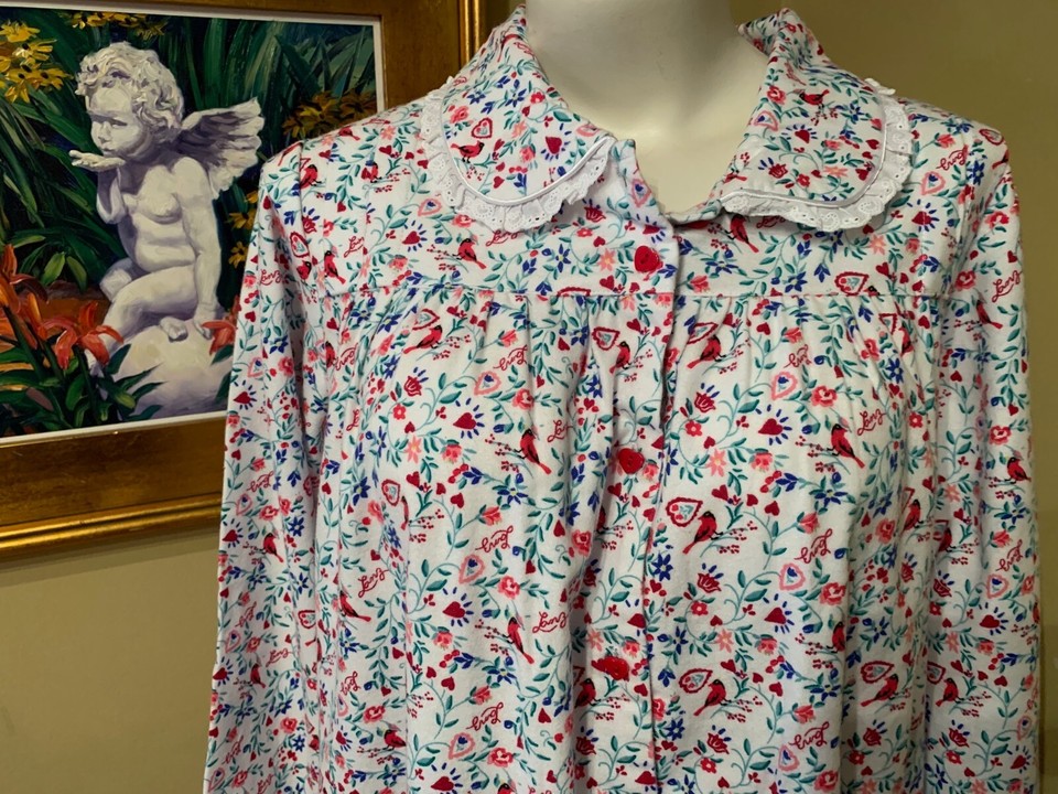 LANZ OF SALZBURG RED BIRD PRINT PETER PAN COLLAR Long FLANNEL Nightgown ...