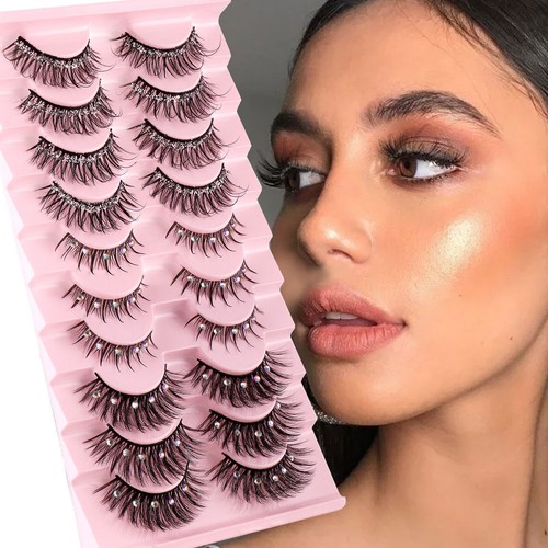 10 Pairs Artificial Diamond False Eyelashes Natural Thick Glitter ...