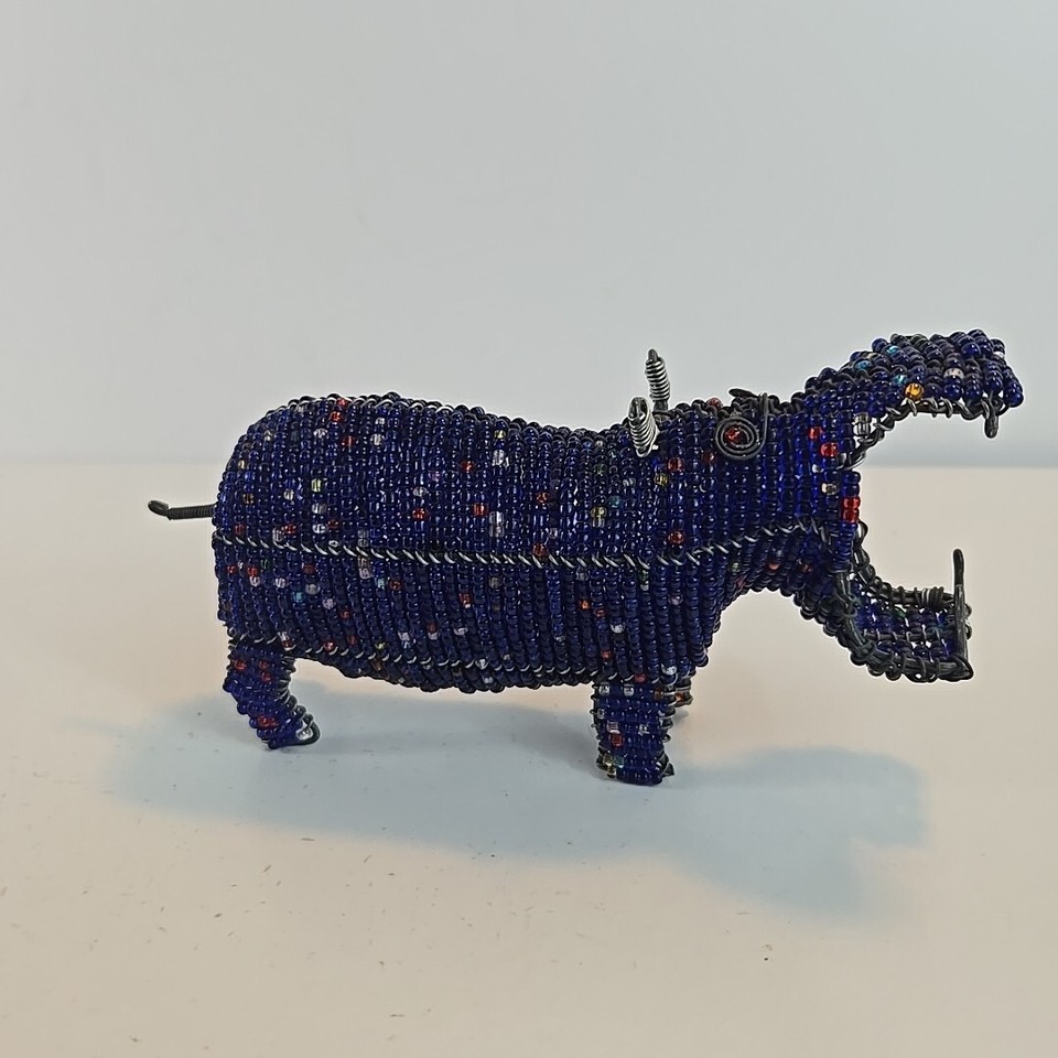 Blue Hippo Kenyan Sculpture Art Bead Wire Beaded Animal Figurine Decor ...