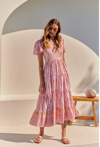 Jaase Dress Womens Size S Pink Floral Maxi Shirred Back Flutter Sleeve ...