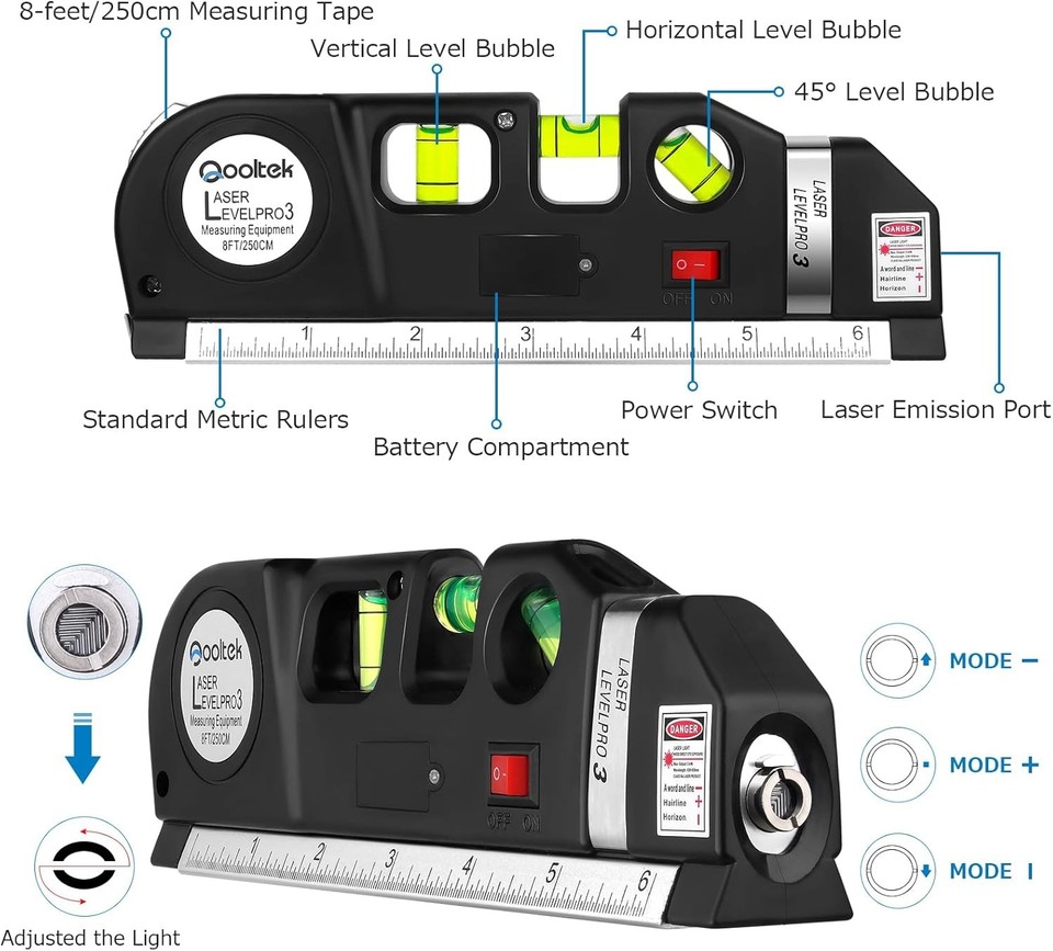 Laser Level Multi Tool, Multipurpose Cross Line leveler Kit Tools Black ...