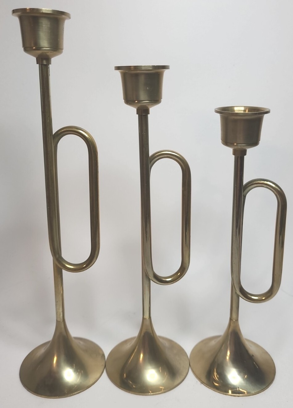 🕯*VINTAGE* Set of 3 Graduated Brass Trumpet Bugle Horn Candle Holders ...