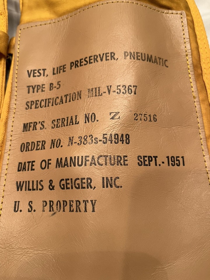 Survival Vest Life Preserver B5 1951 Unissued Willis & Geiger | eBay
