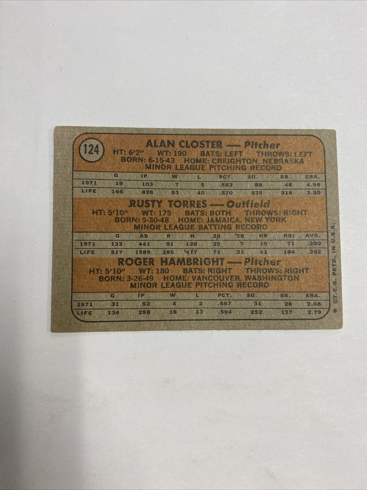 1972 Topps Alan Closter/Rusty Torres/Hambright New York Yankees Rookie ...