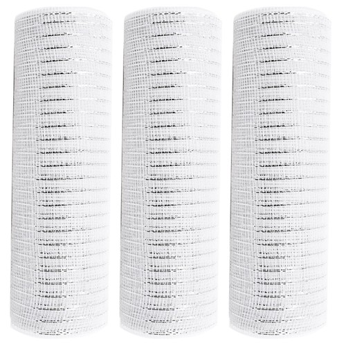 10'' White Deco Mesh Metallic Poly Mesh Ribbons with Silver Foil for ...