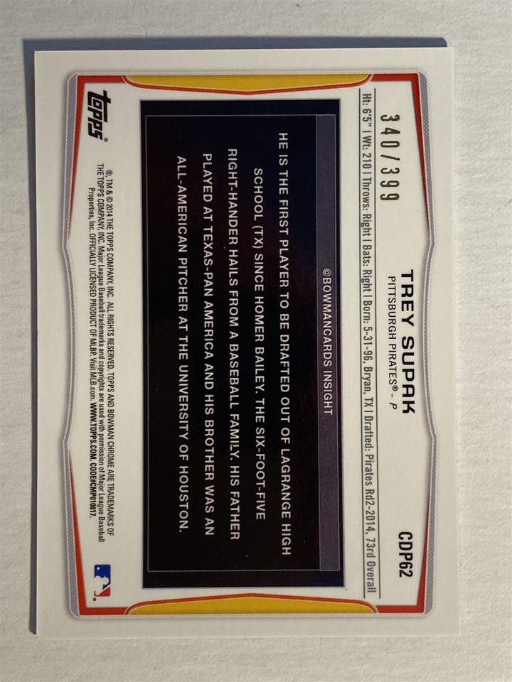 TREY SUPAK 2014 Bowman Chrome Draft #CDP62 Blue Refractor 340/399 (E3 ...