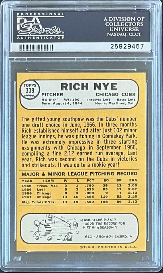 1968 TOPPS #339 RICH NYE PSA 8.5 NM-MT+ CUBS | eBay