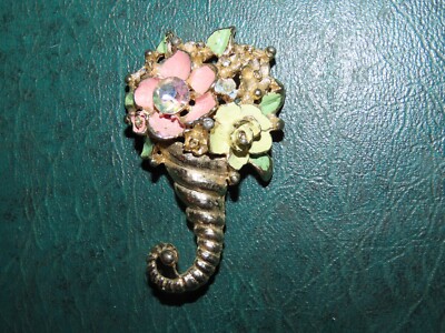 CORNUCOPIA PIN BROOCH Vtg GOLD TONE ENAMEL RHINESTONES MID CENTURY | eBay