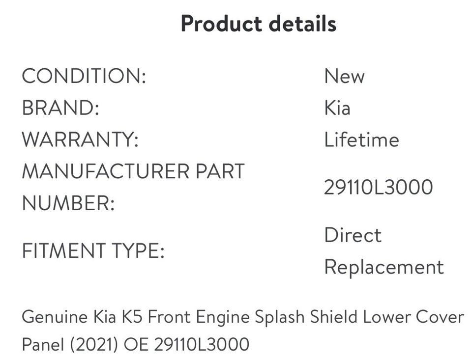 Replacement Front Forward Undercar Shield For KIA K5 2021-2024 ...