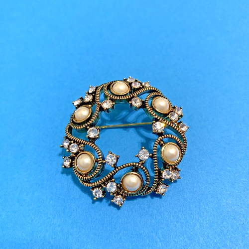 MONET Brooch Lapel Pin Antique Gold Pearl/Clear Stone Deadstock | eBay