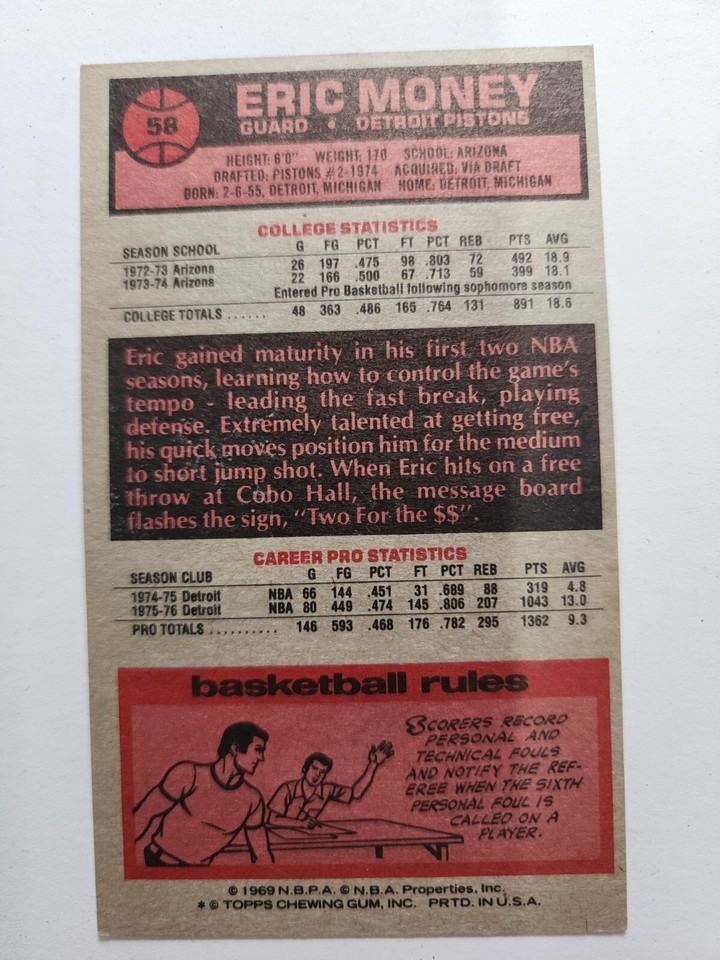 1976 Topps NBA Basketball Eric Money Jumbo Card #58 Detroit pistons | eBay