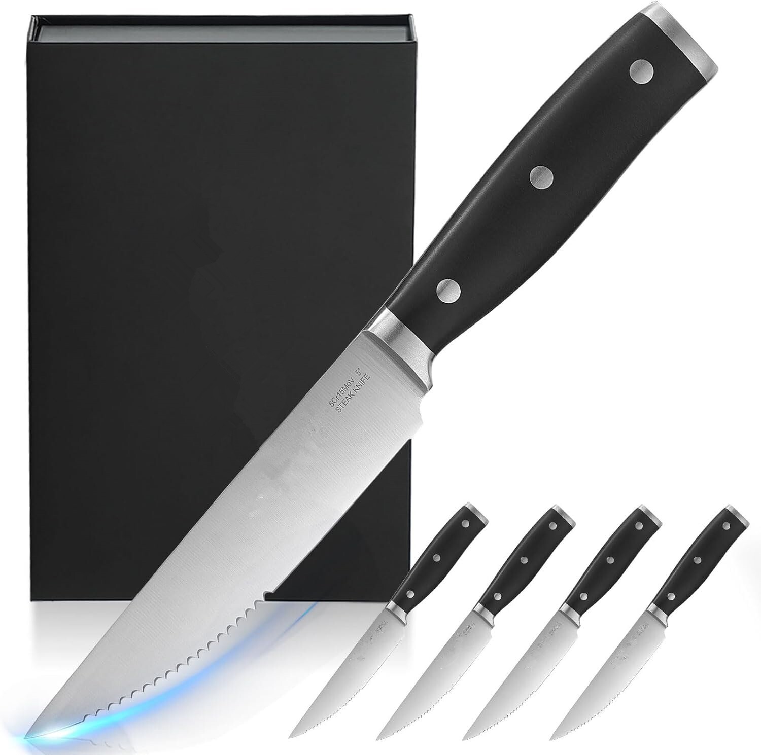 Steak Knives Set of 4,Serrated Steak Knives-Black Steak Knife Set with ...