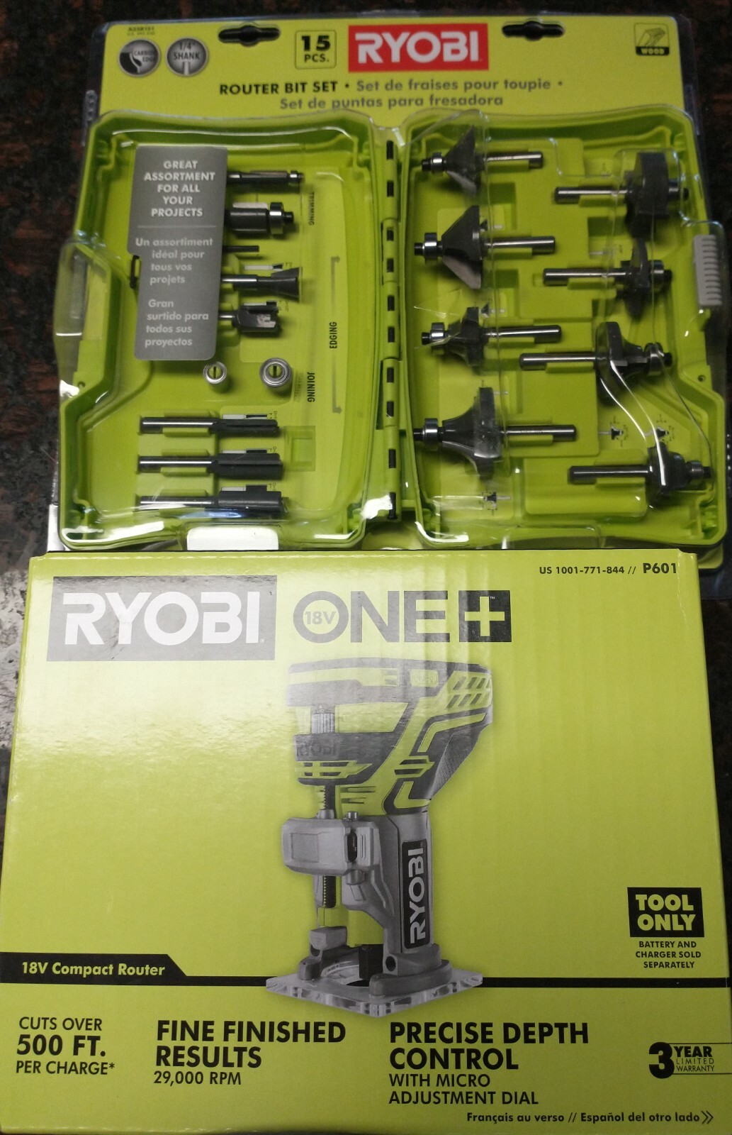 Ryobi 18V Router P601 Bare Tool & Ryobi 15 pcs Router Bit Set A25R151 1 ...