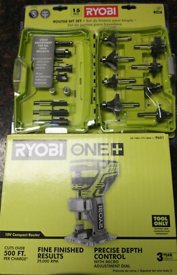 Ryobi 18V Router P601 Bare Tool & Ryobi 15 pcs Router Bit Set A25R151 1 ...