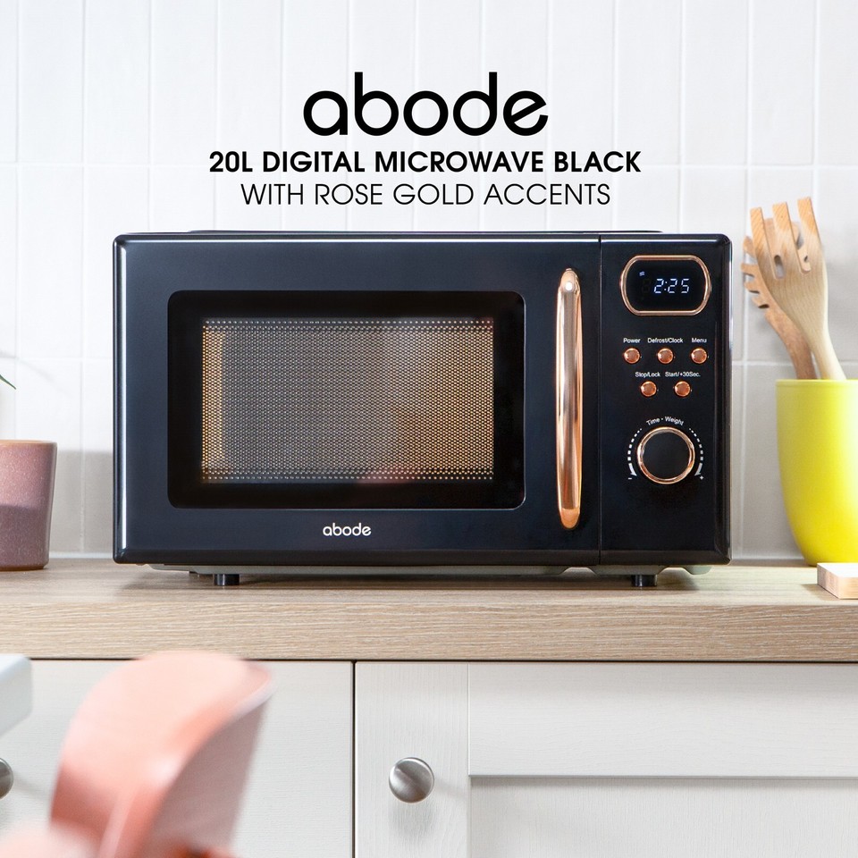 Abode Retro Black Microwave 20L 800W Digital 8 Auto Cook Rose Gold ...