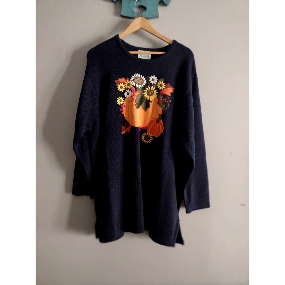 Quacker Factory QVC embroidered plus size 2X fall sweater pumpkin motif ...
